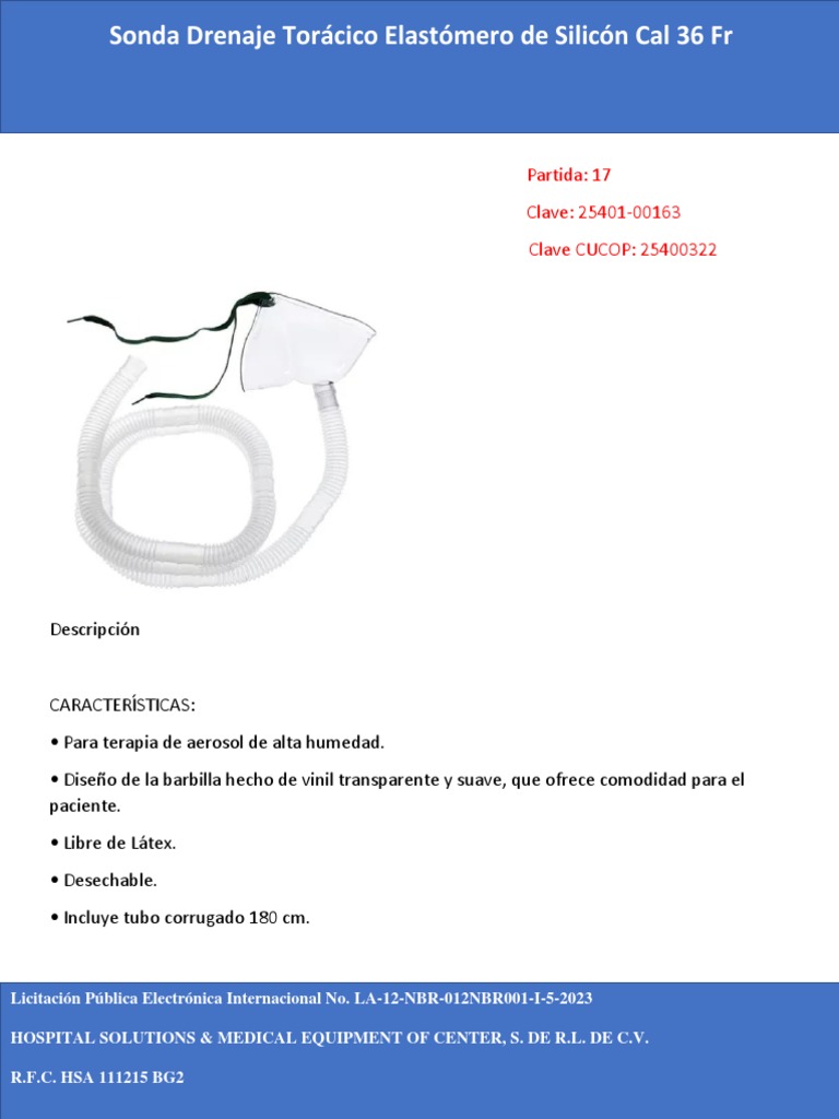 Sonda Drenaje Torácico Elastómero de Silicón Cal 36 FR | PDF