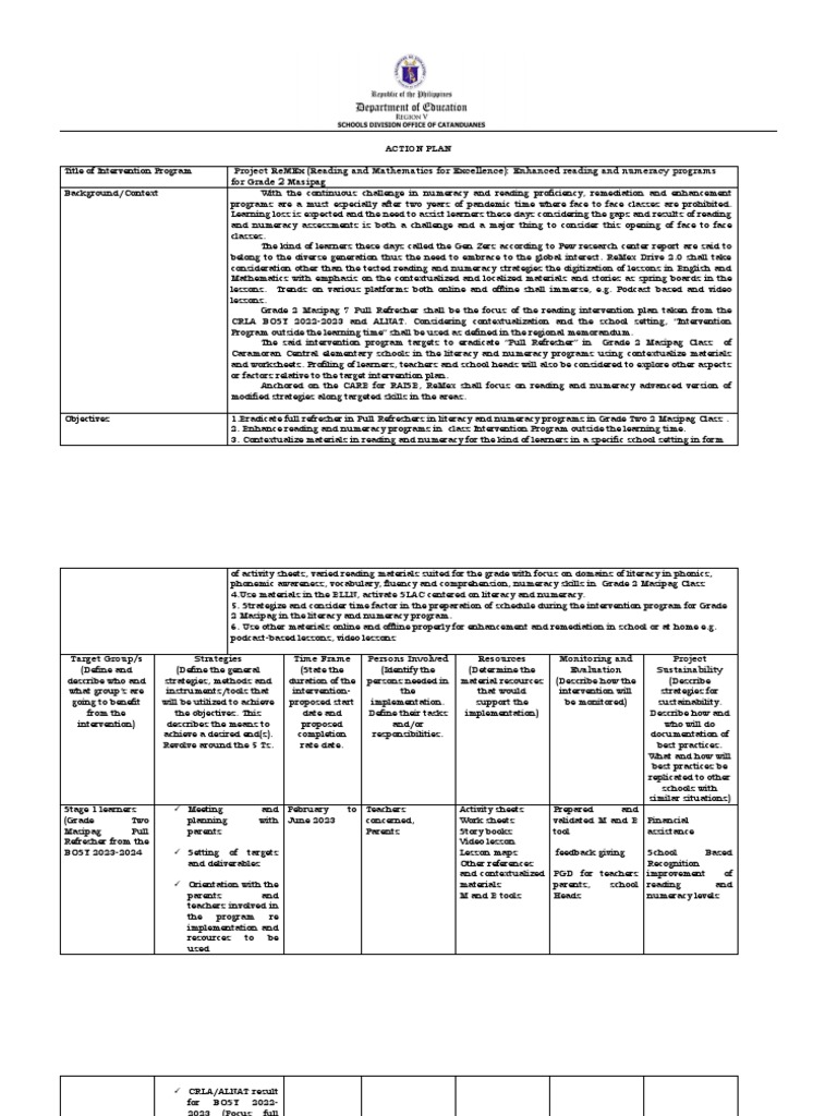 Grade 2 Reading & Numeracy Action Plan | PDF | Learning | Cognition