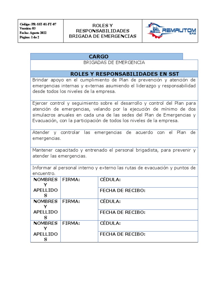 PR-SST-01-FT-07 Brigadas Emergencia | PDF