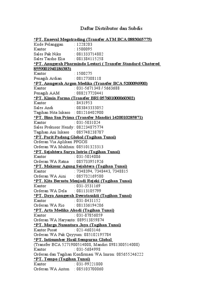 Daftar Distributor Dan Subdis | PDF