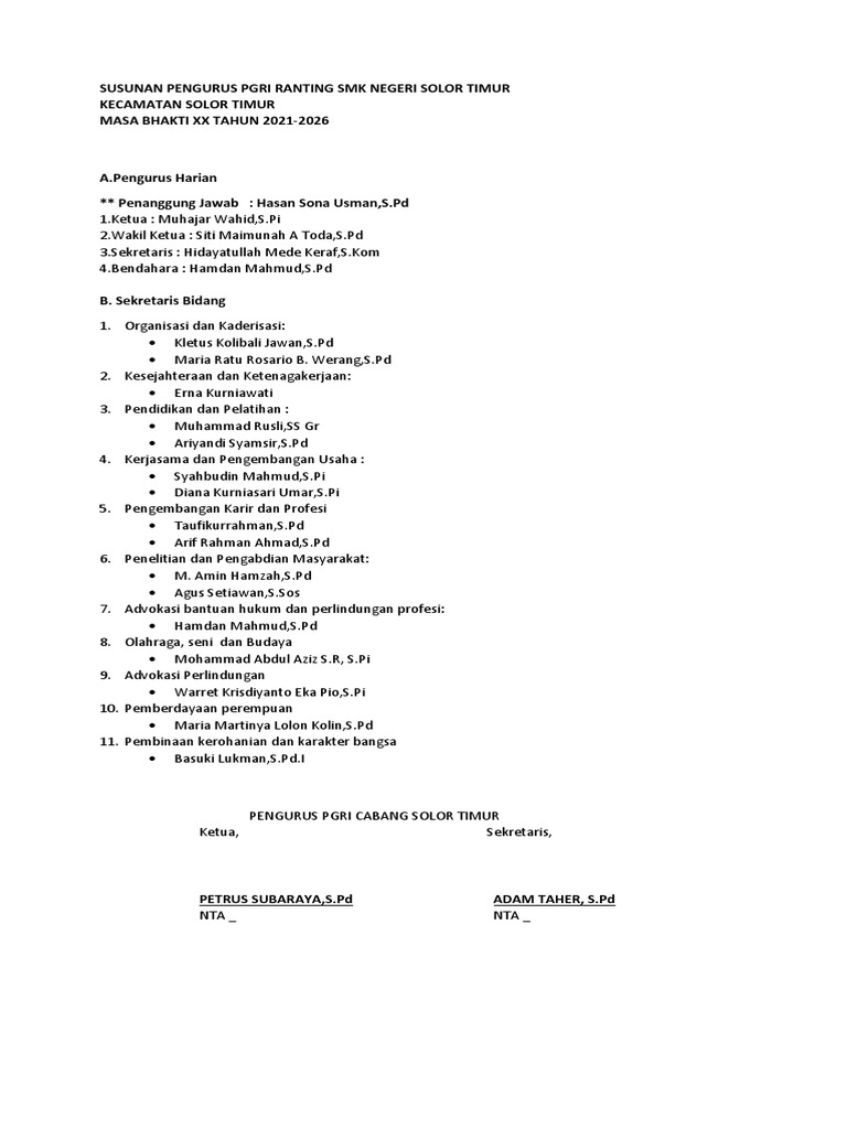 Susunan Pengurus Pgri Ranting SMK Negeri Solor Timur | PDF Susunan Pengurus Pgri Ranting SMK Negeri Solor Timur | PDF