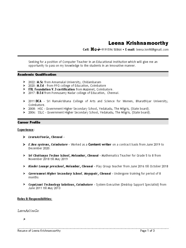 Leena CV | PDF | Computer Science | Computing
