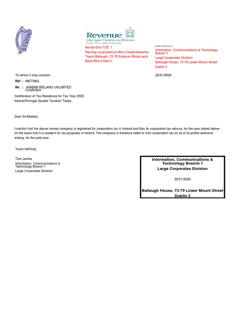 Airbnb Ireland UC 2020 Tax Residency Certificate Portugal PDF