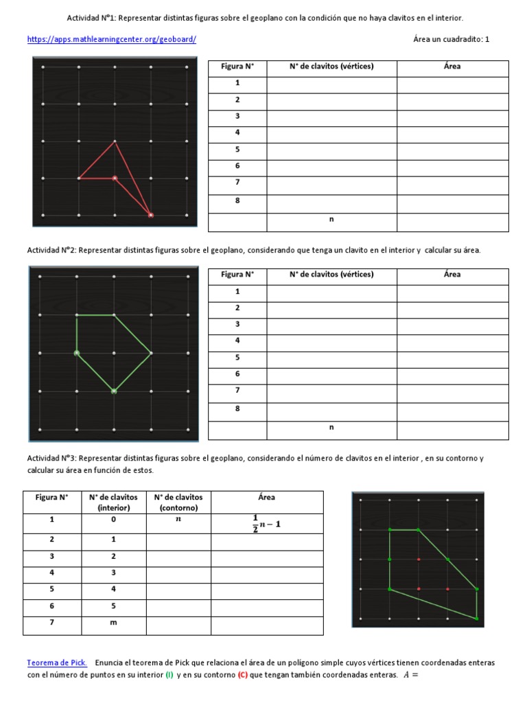 Geoplano: Figuras y Teorema de Pick | PDF | Matemática Elemental | Geometria clasica