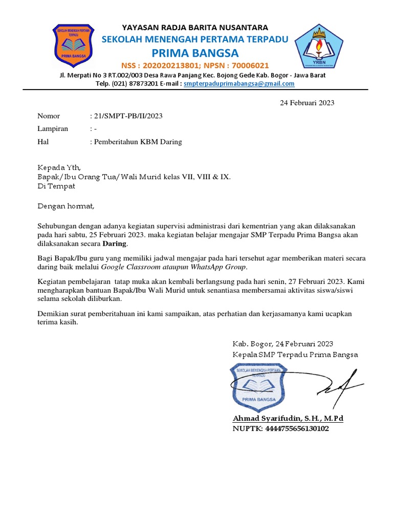 Pemberitahuan KBM Daring | PDF