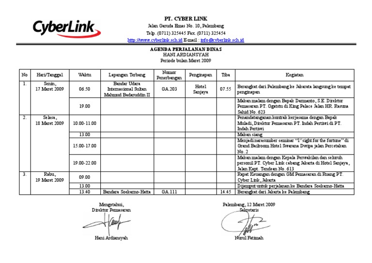 Agenda Perjalanan Dinas PT Cyber Link | PDF