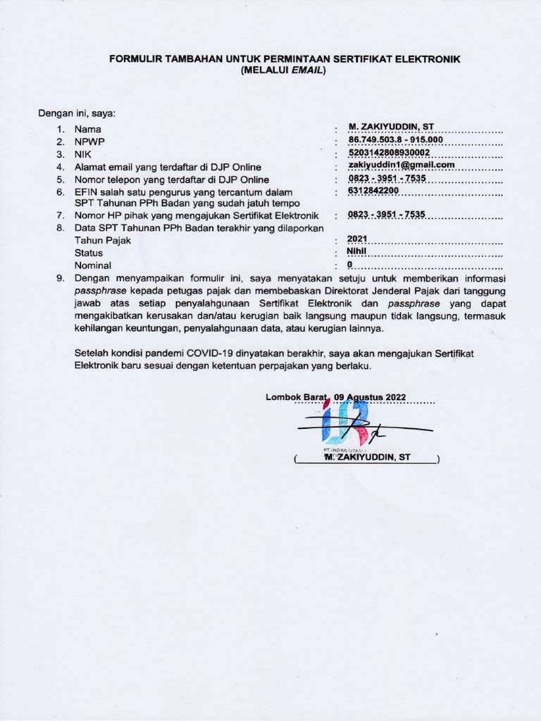 Form Tambahan Untuk Permintaan Sertifikat Elektronik PDF | PDF