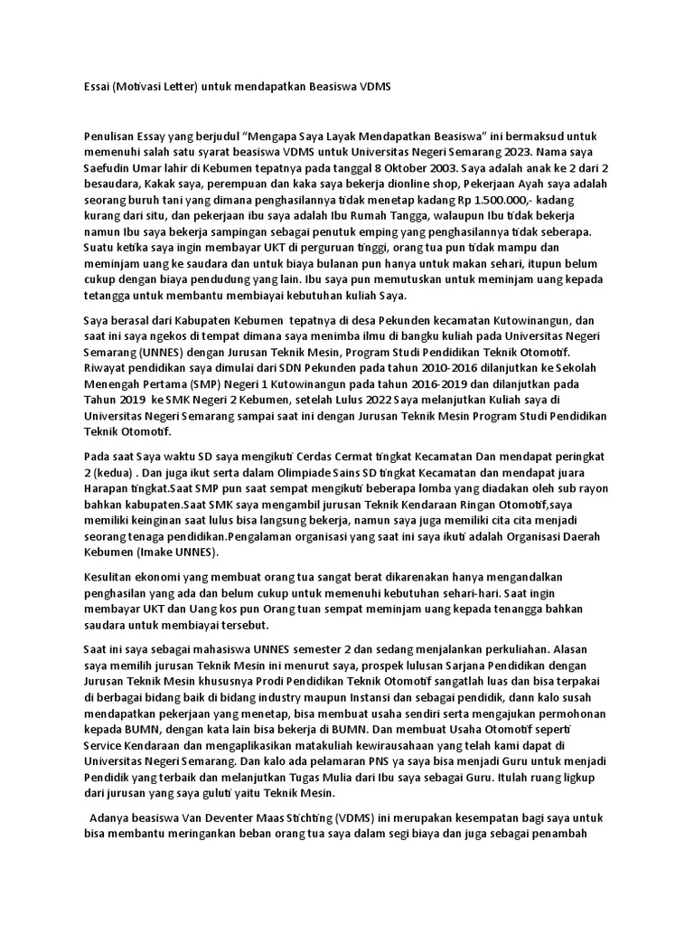 Essay Beasiswa Vdms | PDF