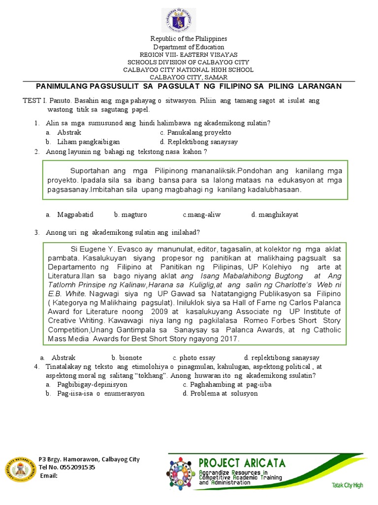 Panimulang Pagsusulit | PDF