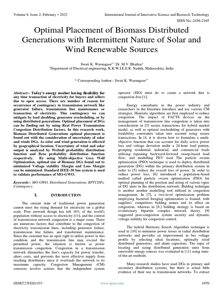 Optimal Placement Of Biomass Distributed Generations With Intermittent Nature Of Solar And Wind