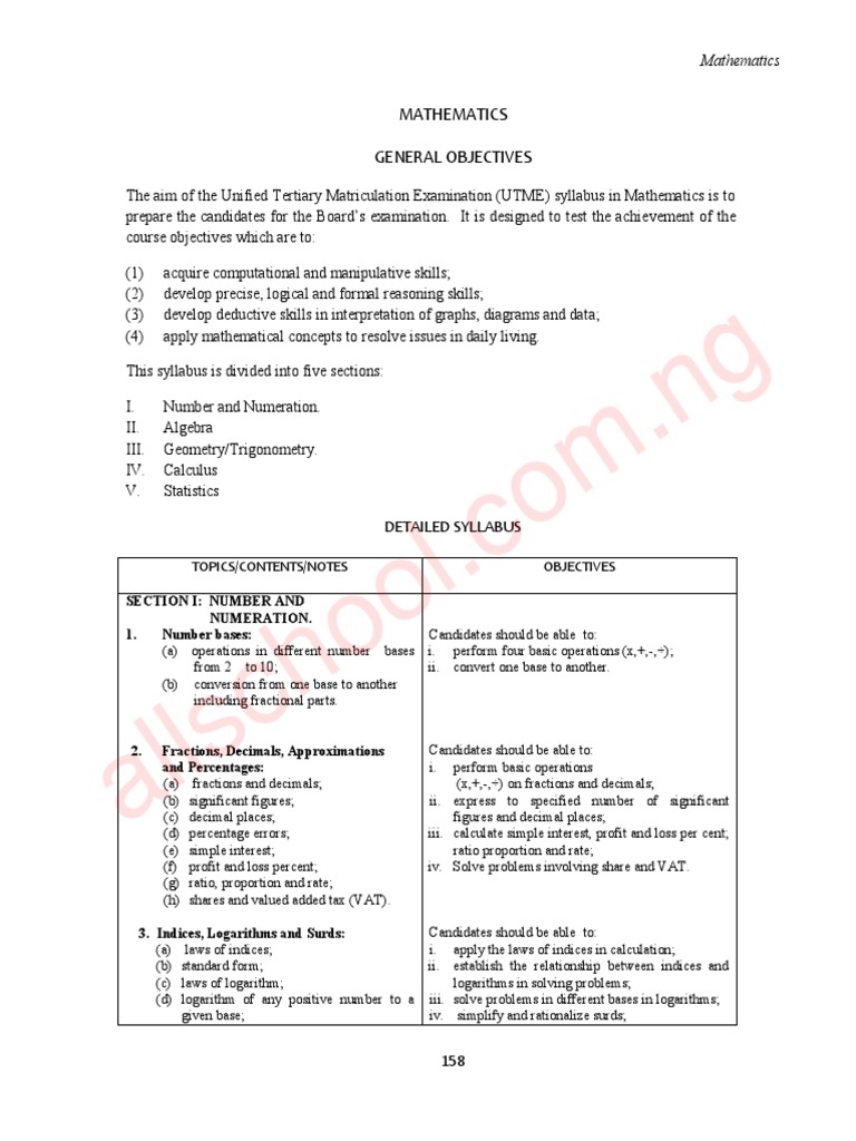 Jamb Syllabus For Mathematics | PDF | Trigonometric Functions | Circle