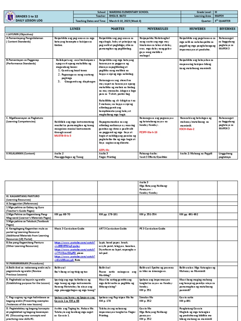 Mapeh 3 - Q3 - W4 DLL | PDF