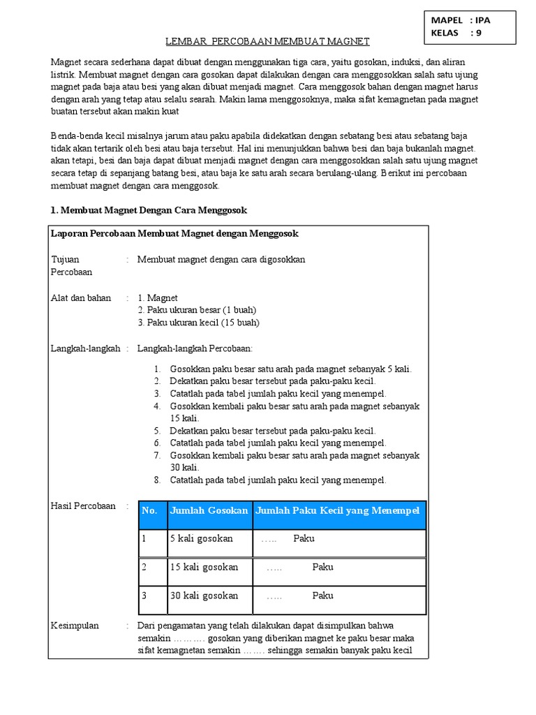 LKPD PERCOBAAN MEMBUAT MAGNET 1 | PDF