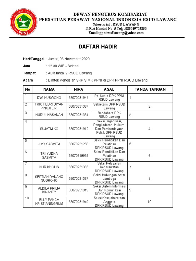 DAFTAR HADIR BIMTEK SKP SIMK PPNI 2020 | PDF