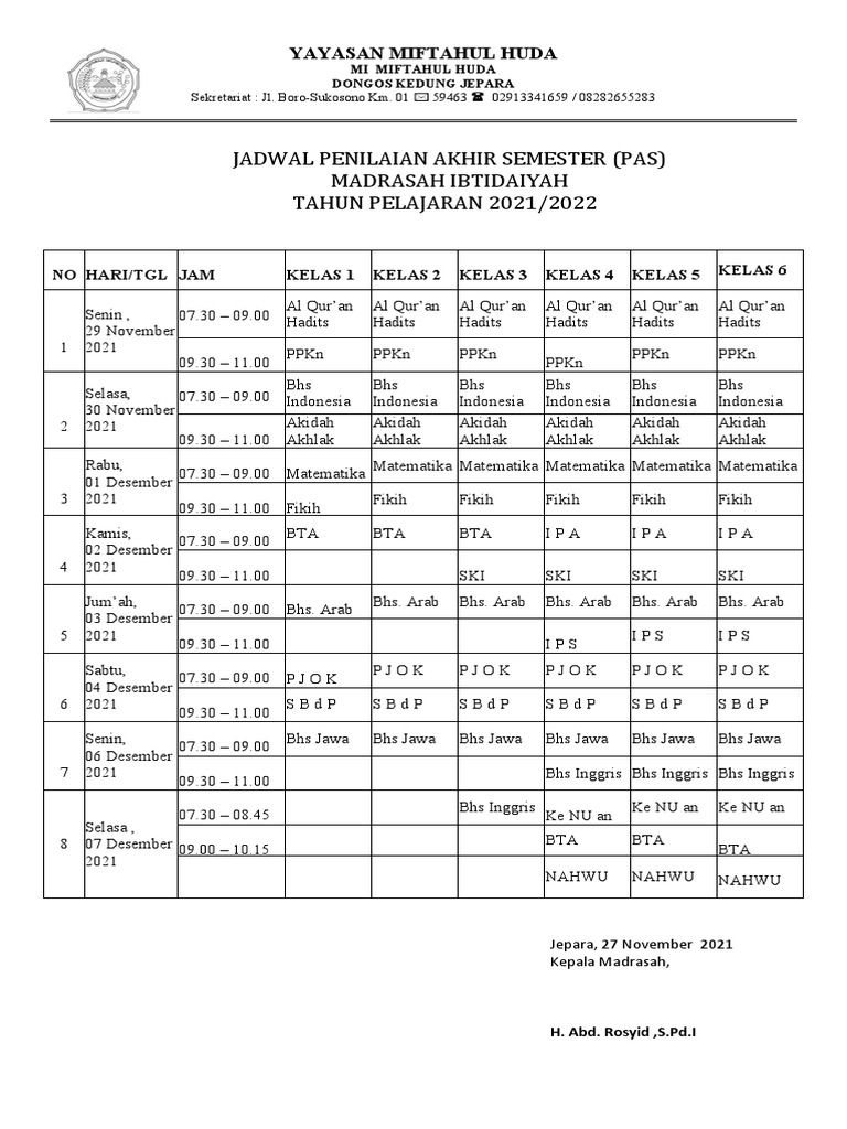Jadwal Pas - 2021 Mi Miftahul Huda | PDF