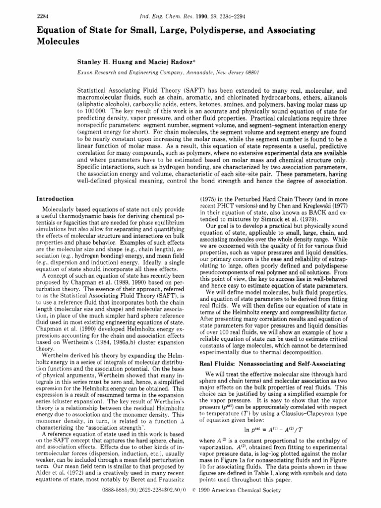 S.H. Huang, M. Radosz, Ind. Eng. Chem. Res. 29 (1990) 2284-2294 PDF | PDF | Polymers | Molecules