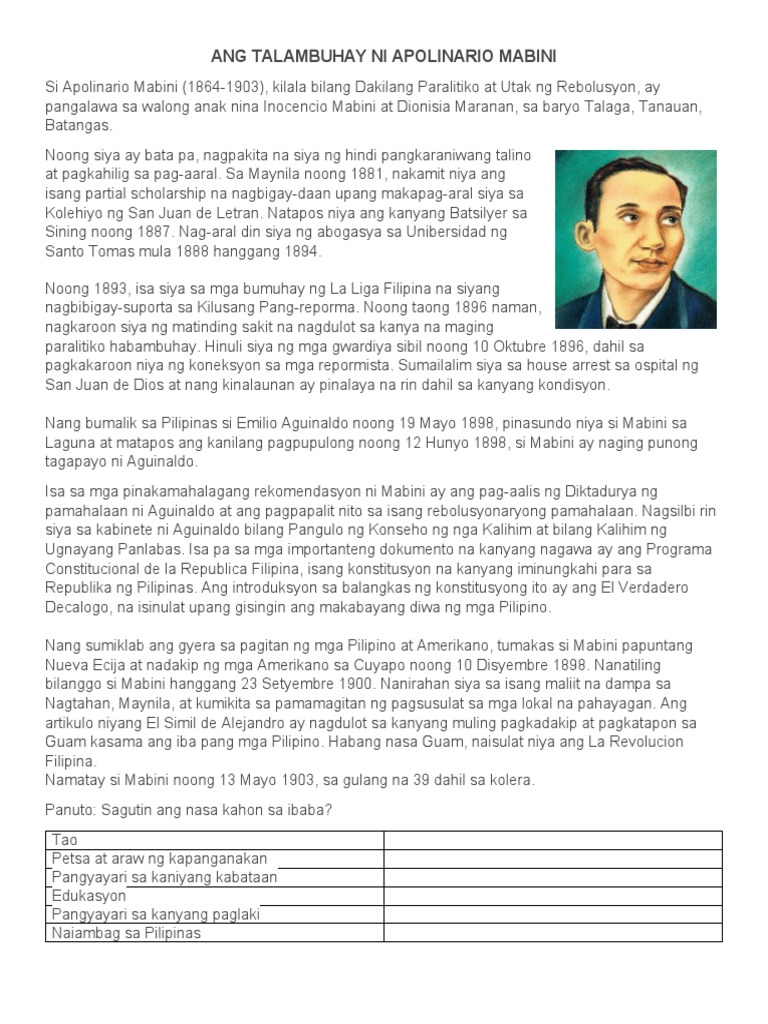 Ang Talambuhay Ni Apolinario Mabini | PDF