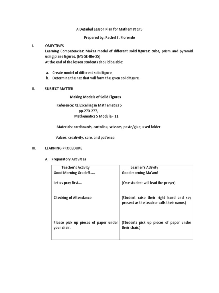 Detailed Lesson Plan Mathematics Day 3 | PDF | Teachers | Learning