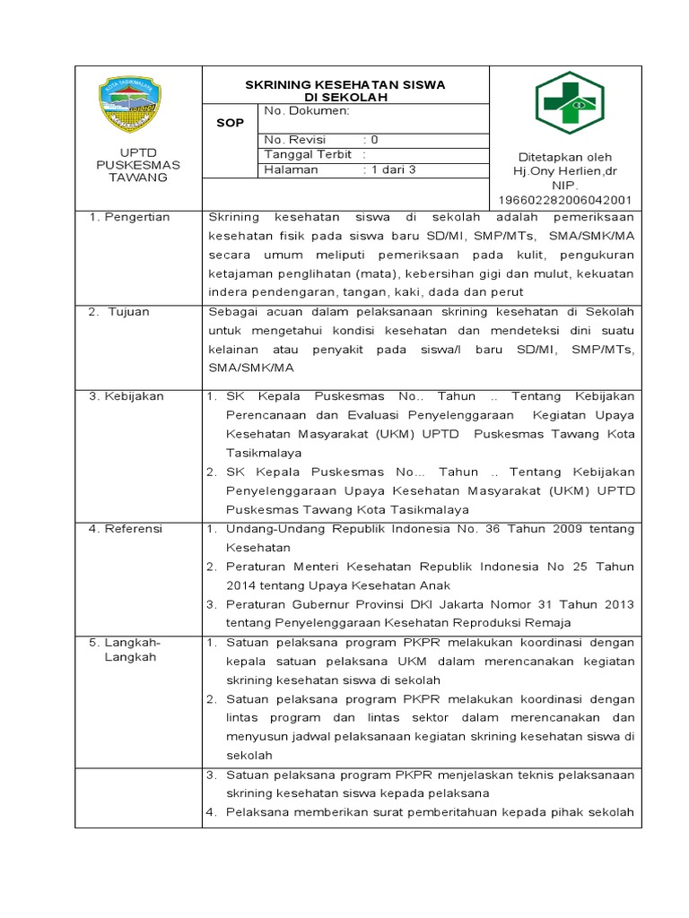 Sop Ukm - PKPR-2015.03 Skrining Kesehatan Siswa Di Sekolah - Revisi 01 ...