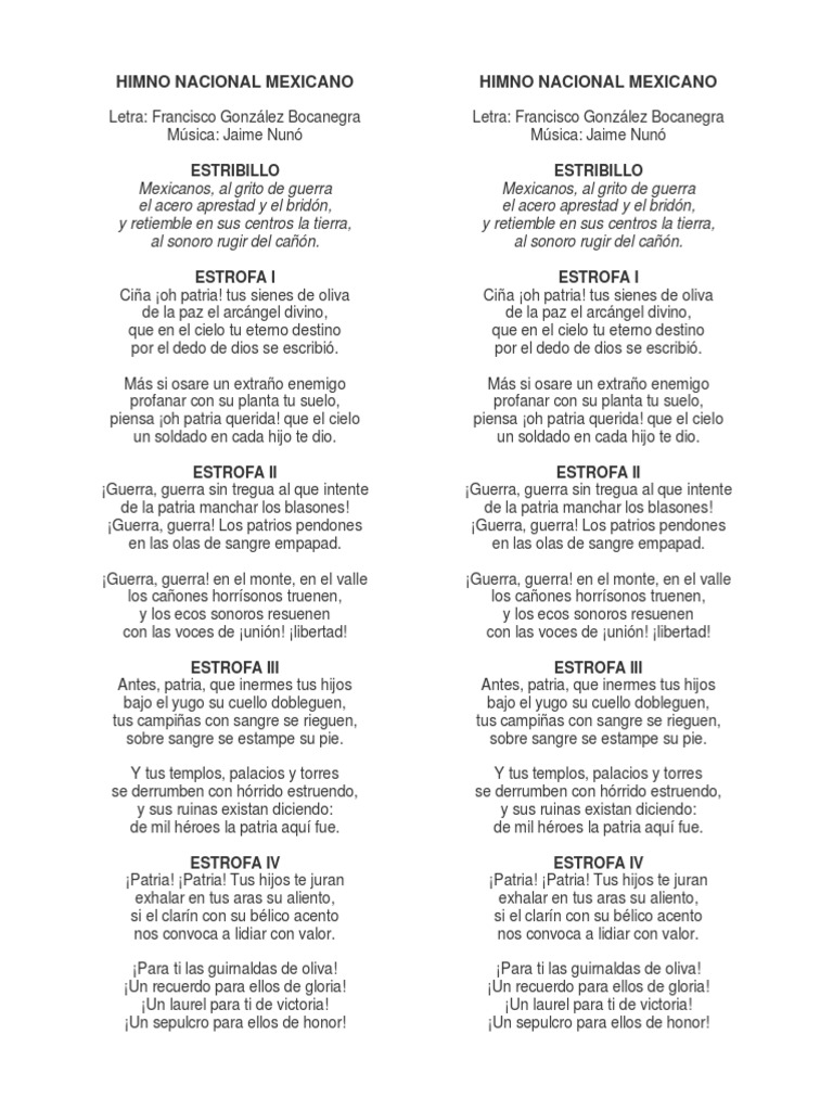 Letra Completa del Himno Nacional Mexicano | PDF | Estudios de idiomas ...