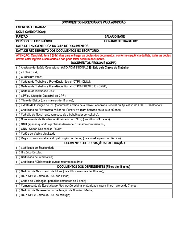 Lista de Documentos para Admissao | PDF