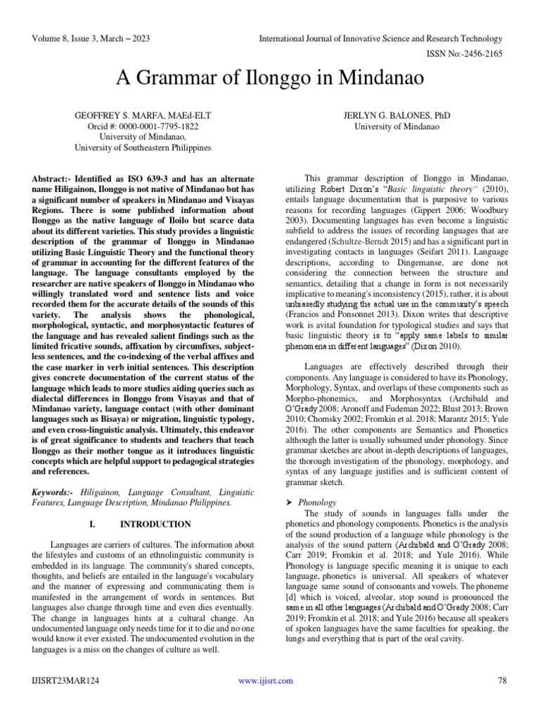 A Grammar of Ilonggo in Mindanao | PDF | Word | Morphology (Linguistics)