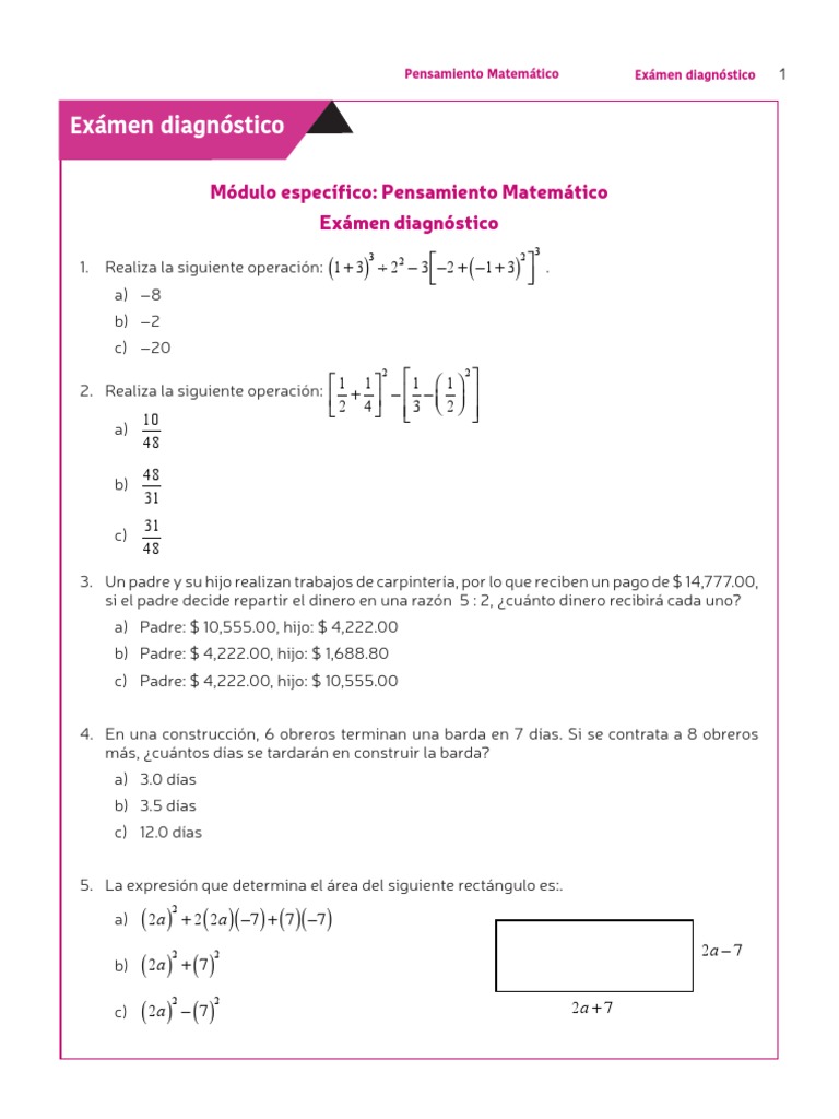 Examen Diagnóstico de Pensamiento Matemático | PDF | Funciones ...