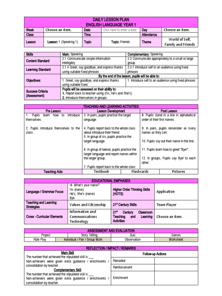 Year 1 English Lesson Plan Friends | PDF | Lesson Plan | Teachers