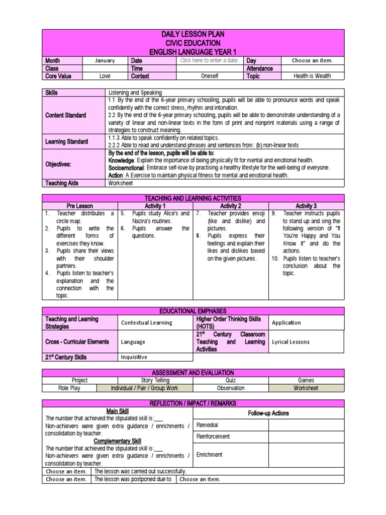 LP Civic Year 1 | PDF | Teachers | Lesson Plan