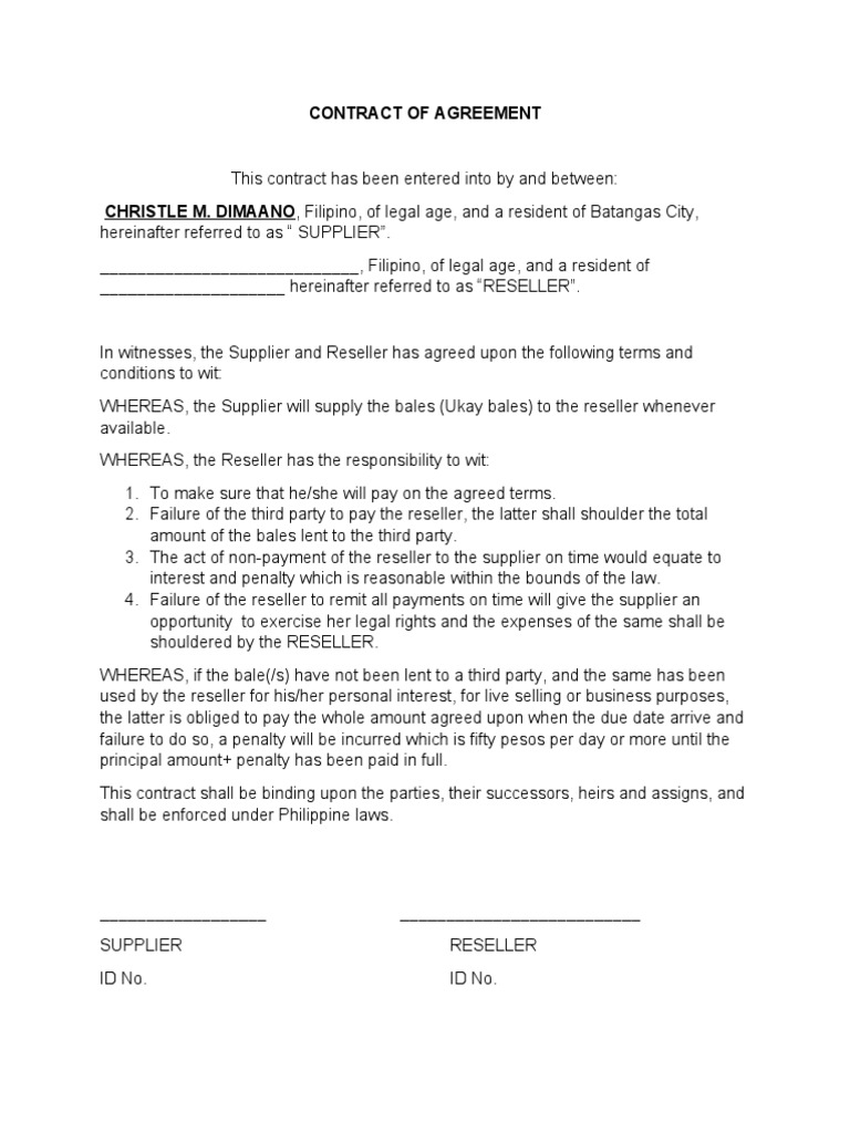 Supplier-Reseller Agreement for Ukay Bales | PDF | Finance & Money ...