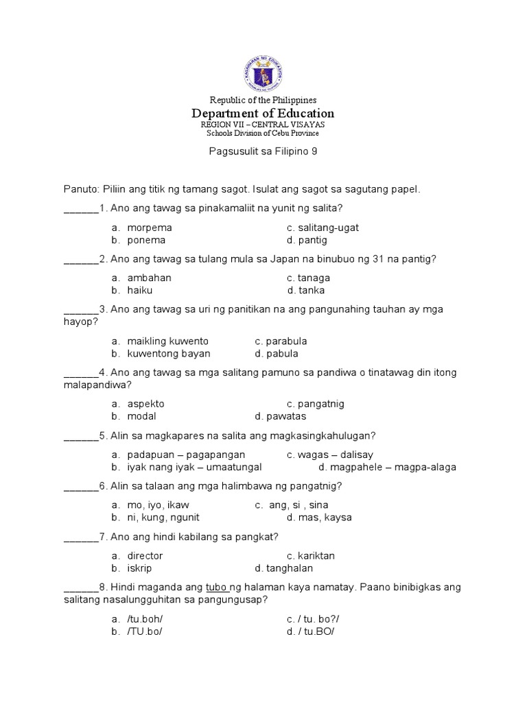 UNIFIED Filipino 9 Q2 Test 1 | PDF