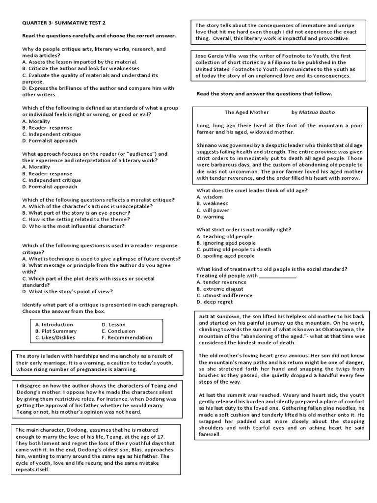Q3 - Summative Test 2 - Reader Response and Moralist PDF | PDF | Social ...