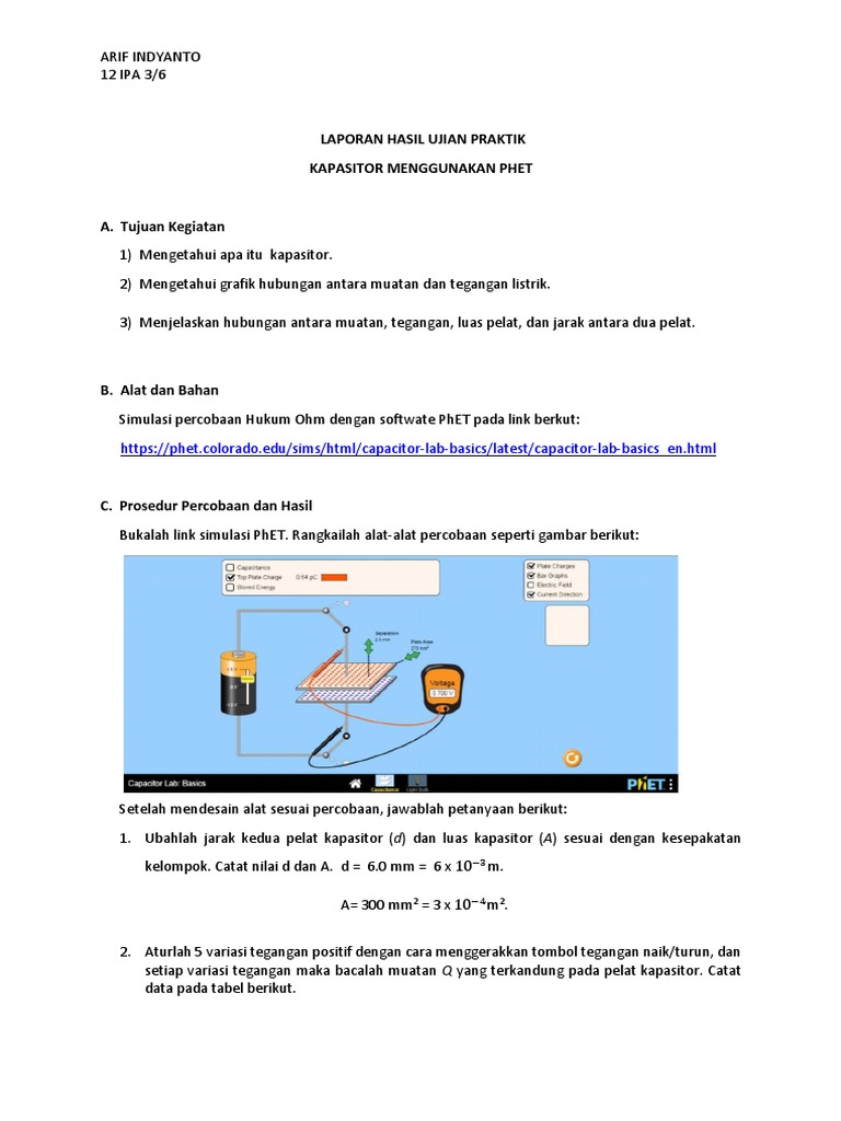 Laporan Uprak Fisika Kapasitor Arif Indyanto PDF | PDF
