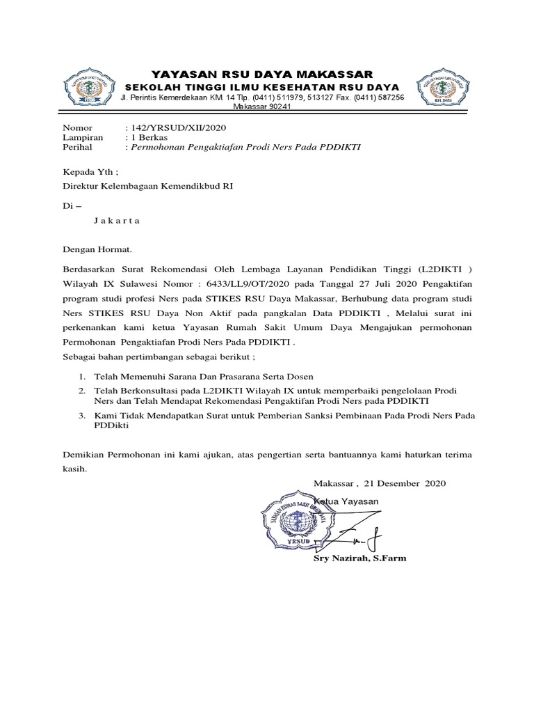 SURAT Permohonan Pengaktifan Program Studi Ners Pada PDDIKTI | PDF