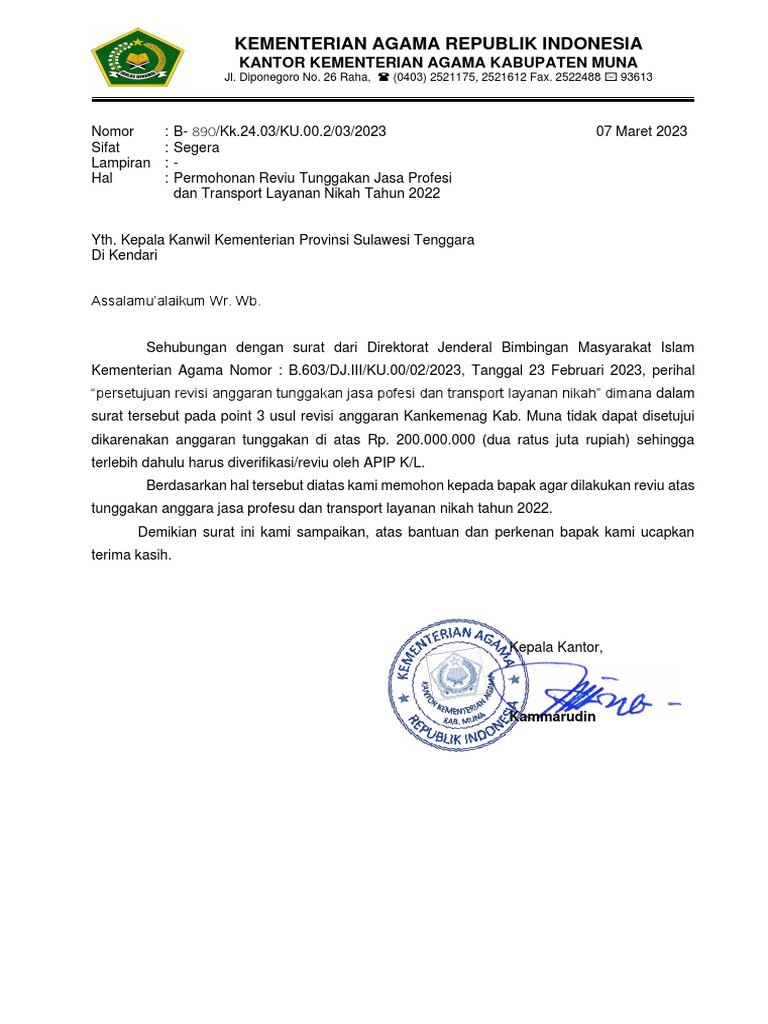 Surat Permohonan Reviu Itjen-Tunggakan Jaspro & Transport TA 2022 PDF | PDF