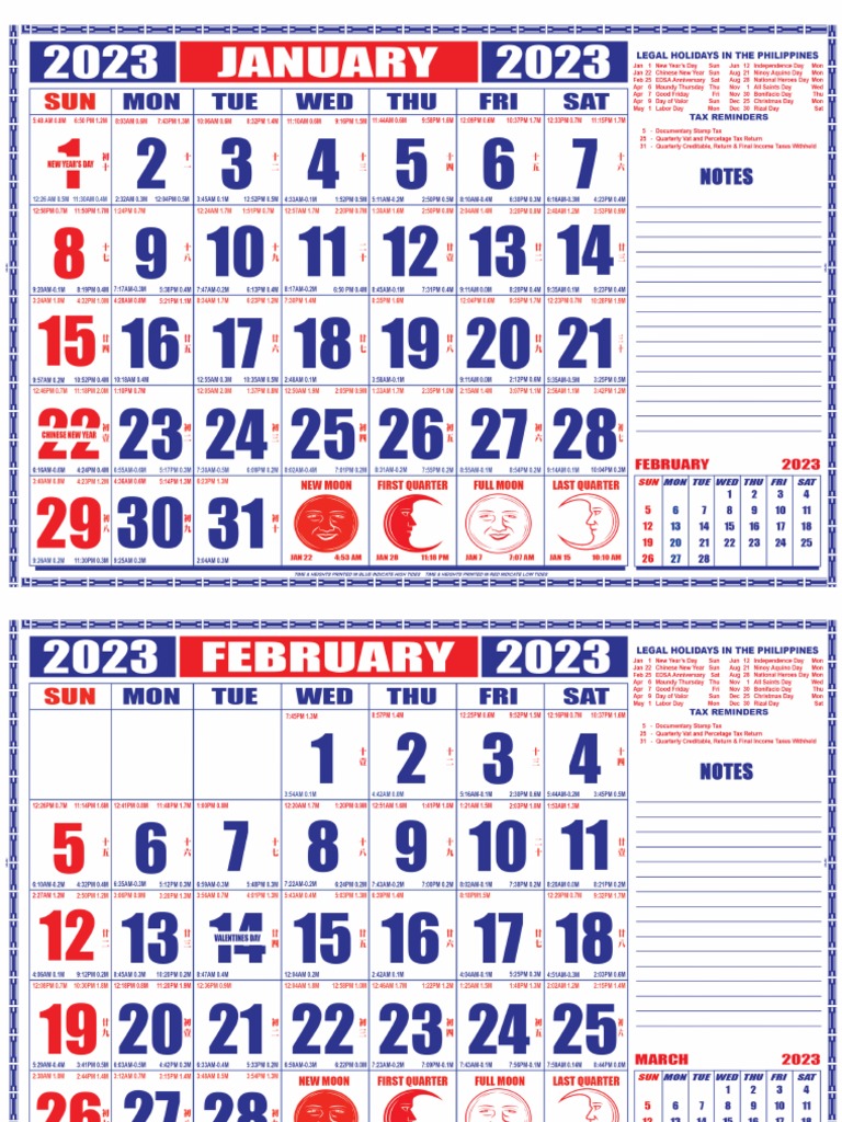 2023 Calendar Mos A4 With High and Low Tides | PDF