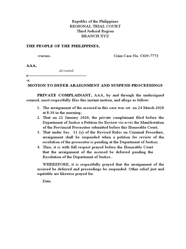 Motion To Defer Arraignment | PDF