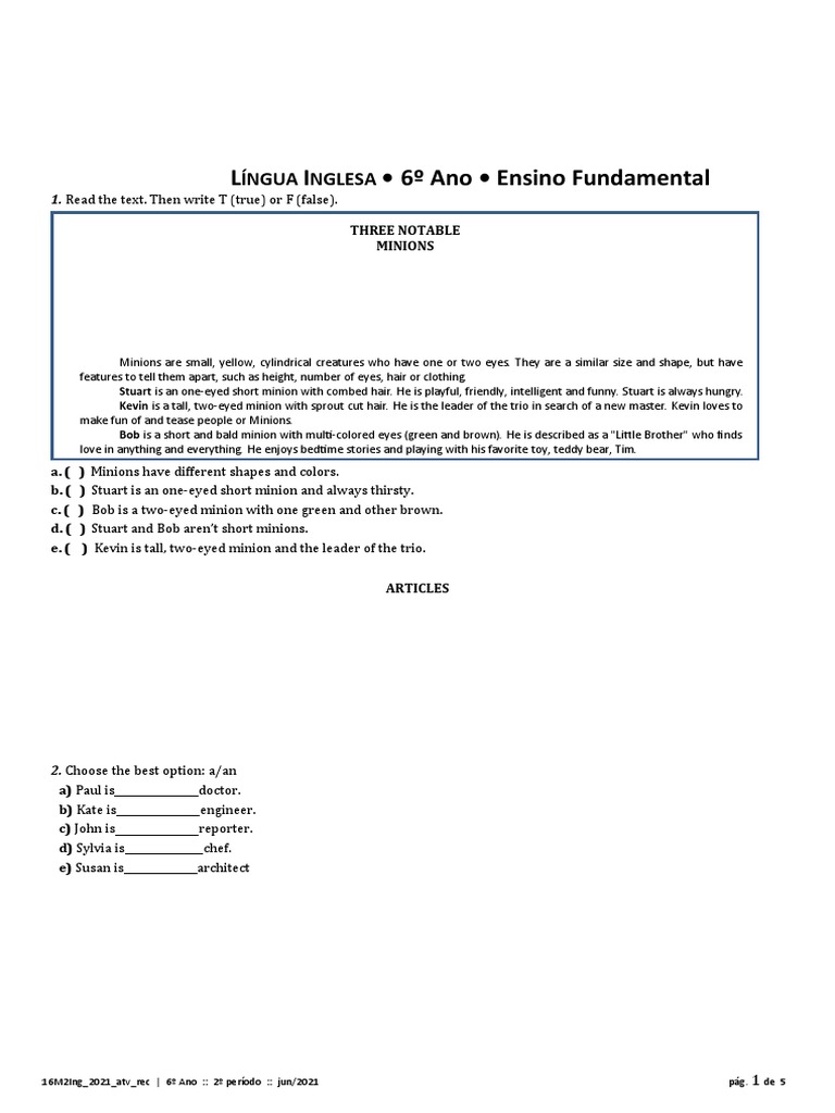 AV3 Inglês-6o-Ano | PDF | Linguistic Typology | Syntax
