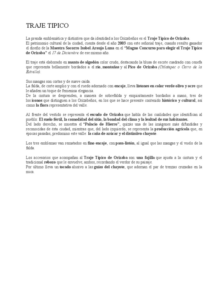 Traje Típico de Orizaba: Identidad Cultural | PDF