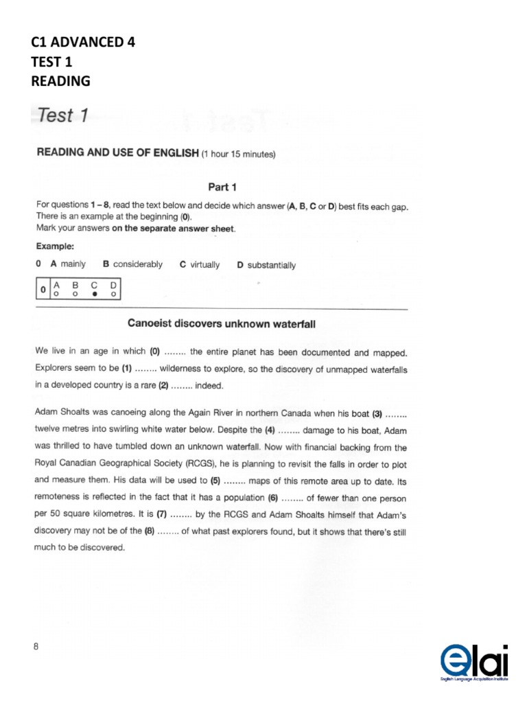 Reading Week 1 C1 Advanced 4 Test 1 | PDF