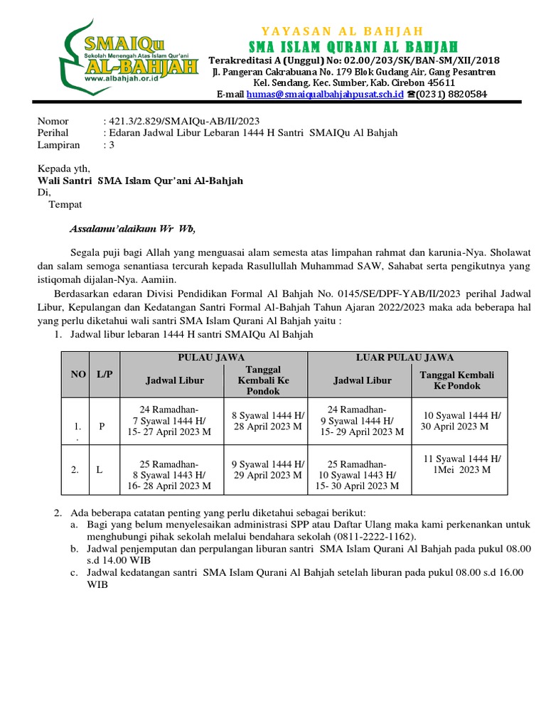 Surat Pemberitahuan Libur Lebaran 1444 H | PDF