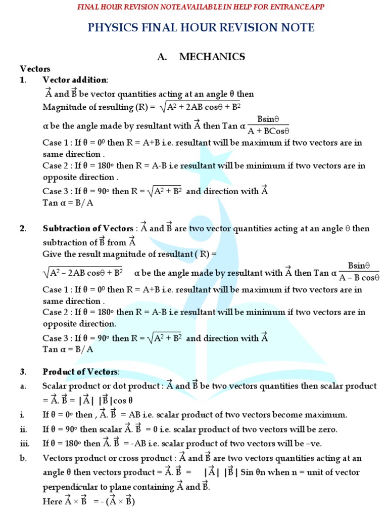 Physics Final Hour Revision Note | PDF | Torque | Gases