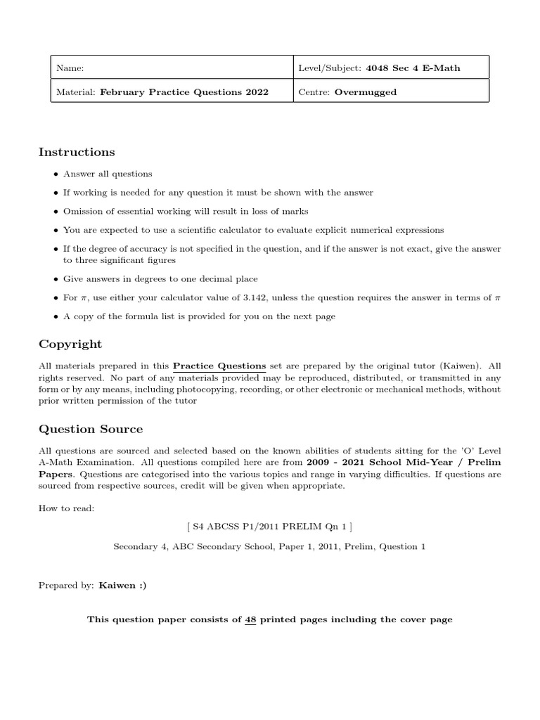 Monthly Questions (February) (E-Math) | PDF | Acceleration | Area