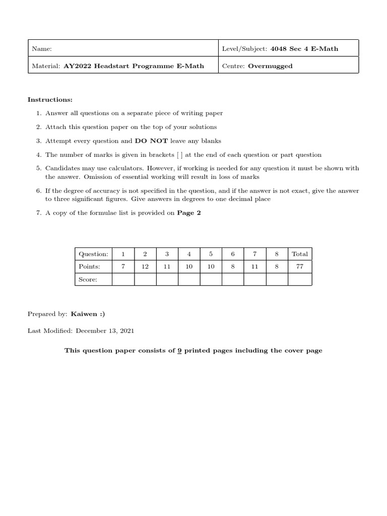 Problem Set (Headstart AY2022) | PDF | Area | Circle