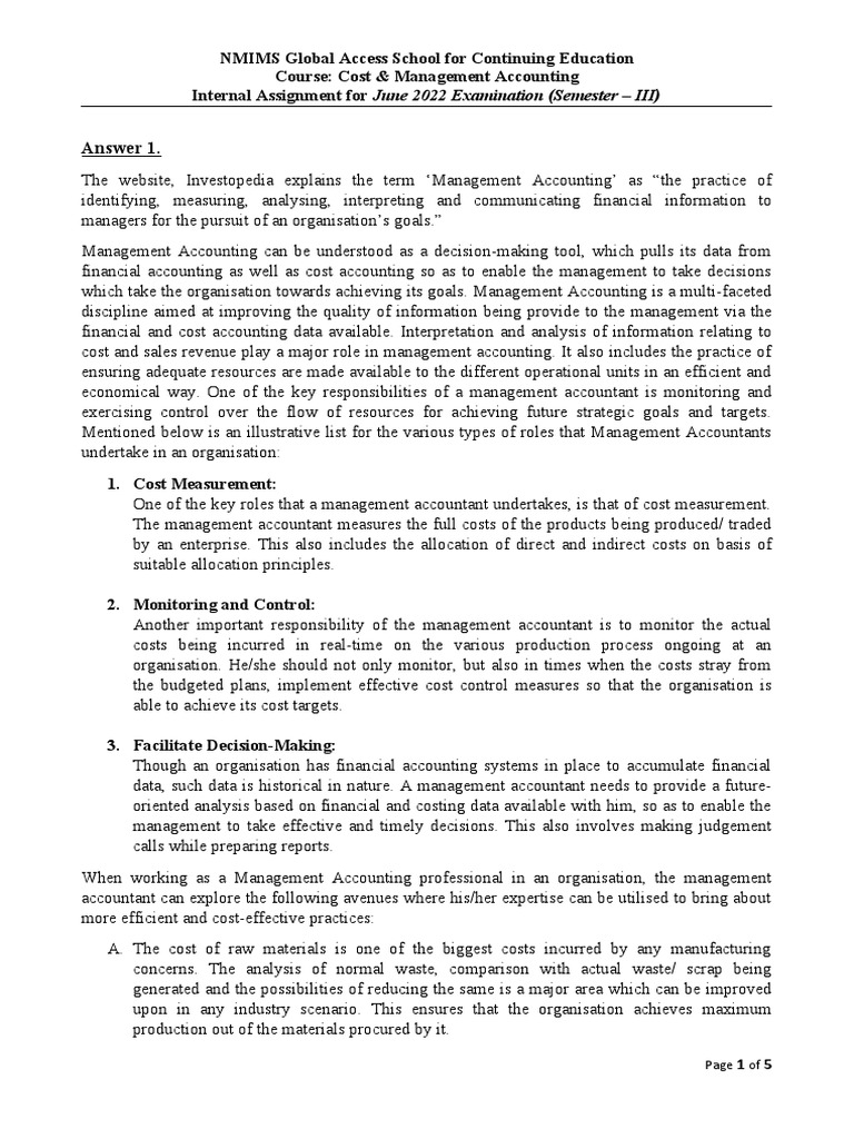 NMIMS Cost & MGMT Acc - Assignment Answers (Sem-III) | PDF | Management Accounting | Cost Accounting