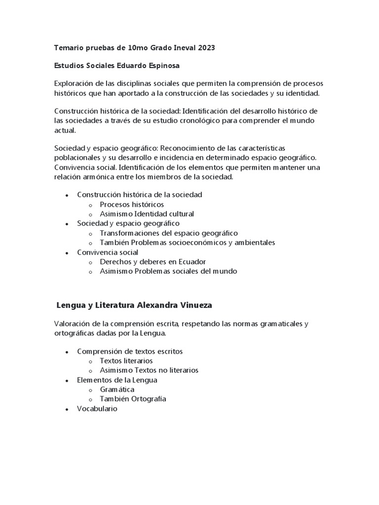 Temario Ineval 10mo Grado 2023 | PDF | Importar | Sociedad