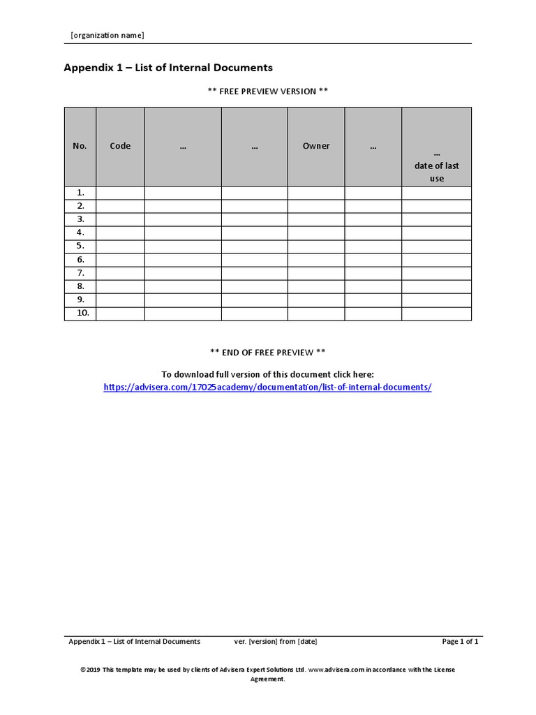 00.1 Appendix 1 List of Internal Documents Preview EN | PDF | Computers