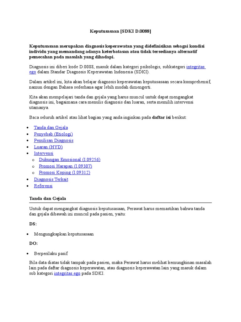 Keputusasaan (SDKI D.0088) | PDF