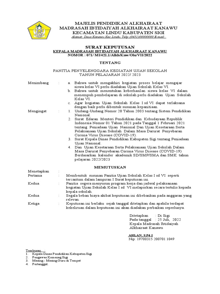 SK Panitia Ujian Sekolah (Us) Terbaru Covid | PDF