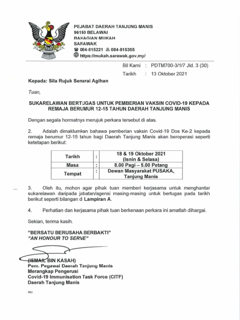 Surat Rasmi - Sukarelawan Utk PICK Remaja 12-15 Tahun Dos Ke-2 Di Dewan ...